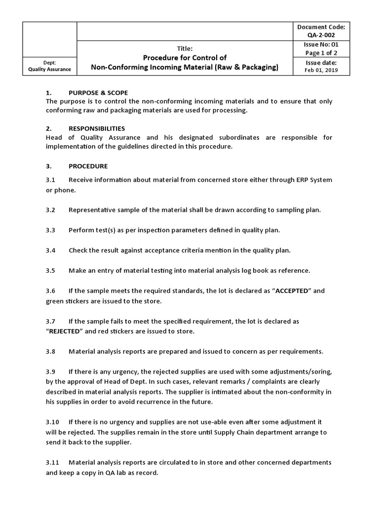 Procedure For Control of Non-Conforming Incoming Material (Raw ...