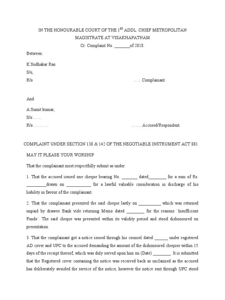 Sec.138 NI Act Model Draft | PDF | Affidavit | Cheque