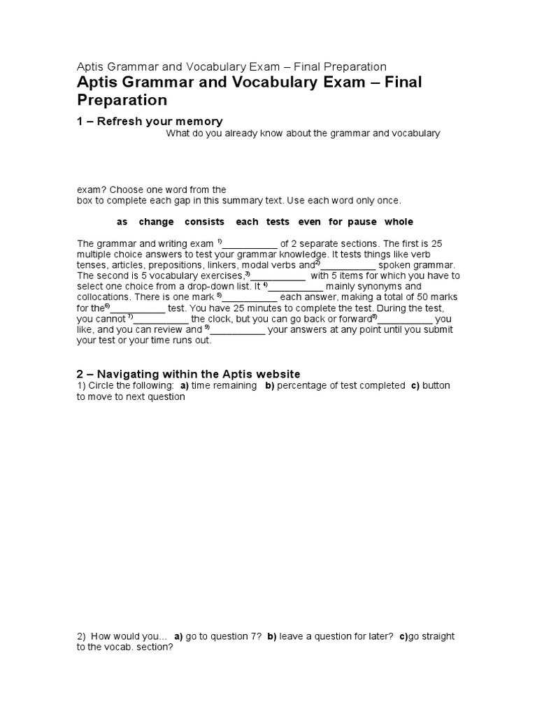 Aptis Grammar and Vocabulary Exam Final | PDF