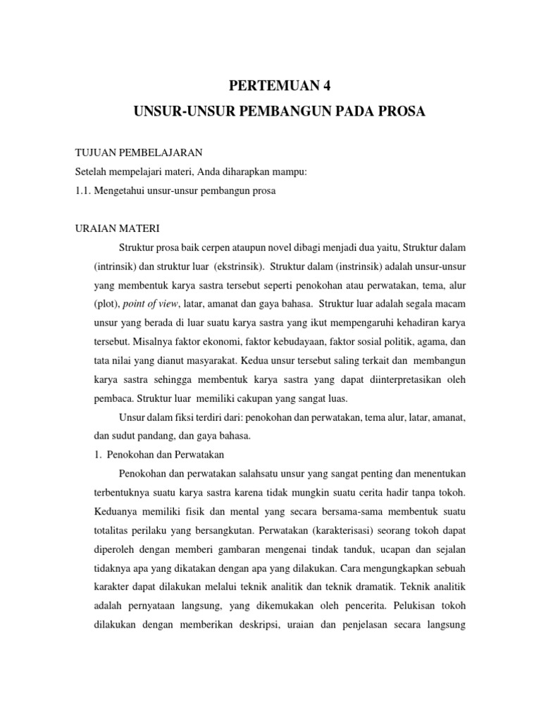 Pertemuan 4 - Unsur-Unsur Pembangun Pada Prosa | PDF