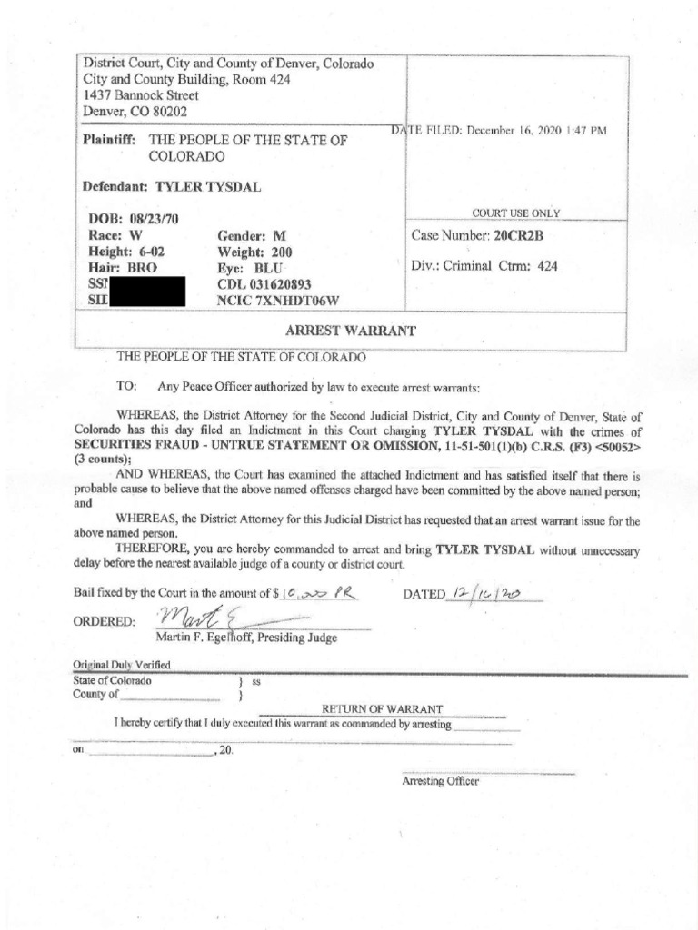 Tyler Tysdal December 2020 Indictment and Arrest Warrant | PDF
