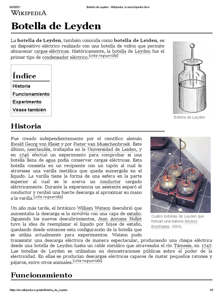 Botella de Leyden - Wikipedia, La Enciclopedia Libre | PDF ...