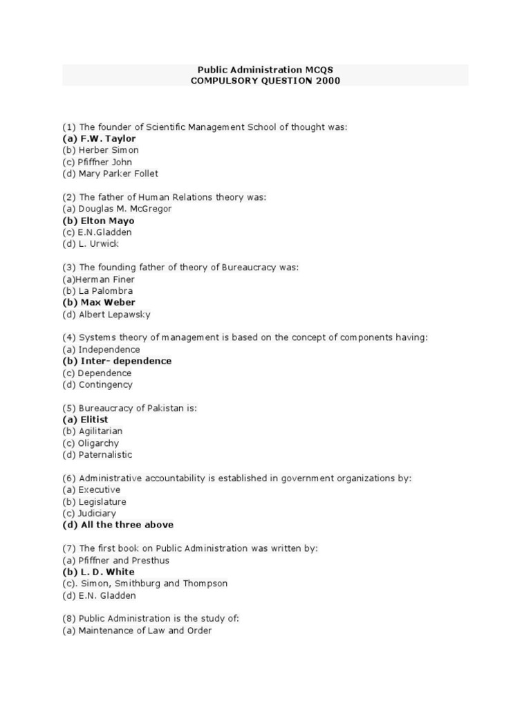 Public Administration MCQs Compilation | PDF | Leadership | Motivation