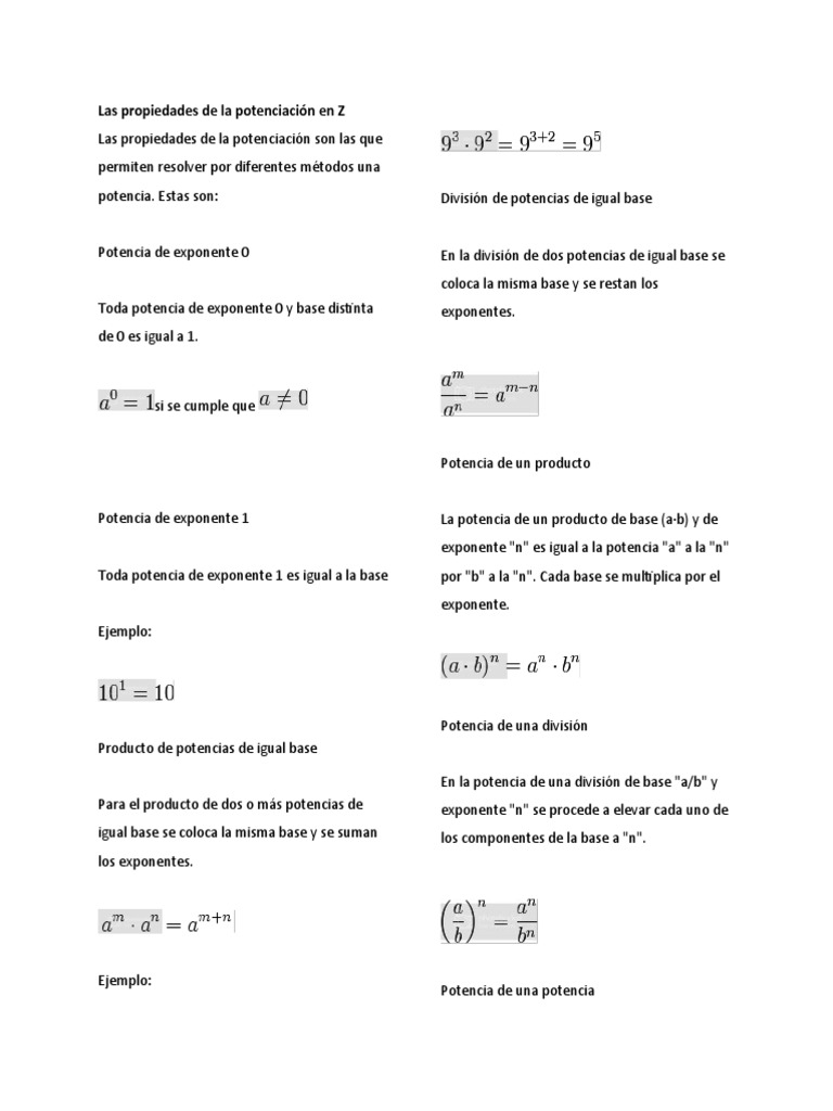 Las Propiedades de La Potenciación en Z | PDF | Exponenciación | Multiplicación