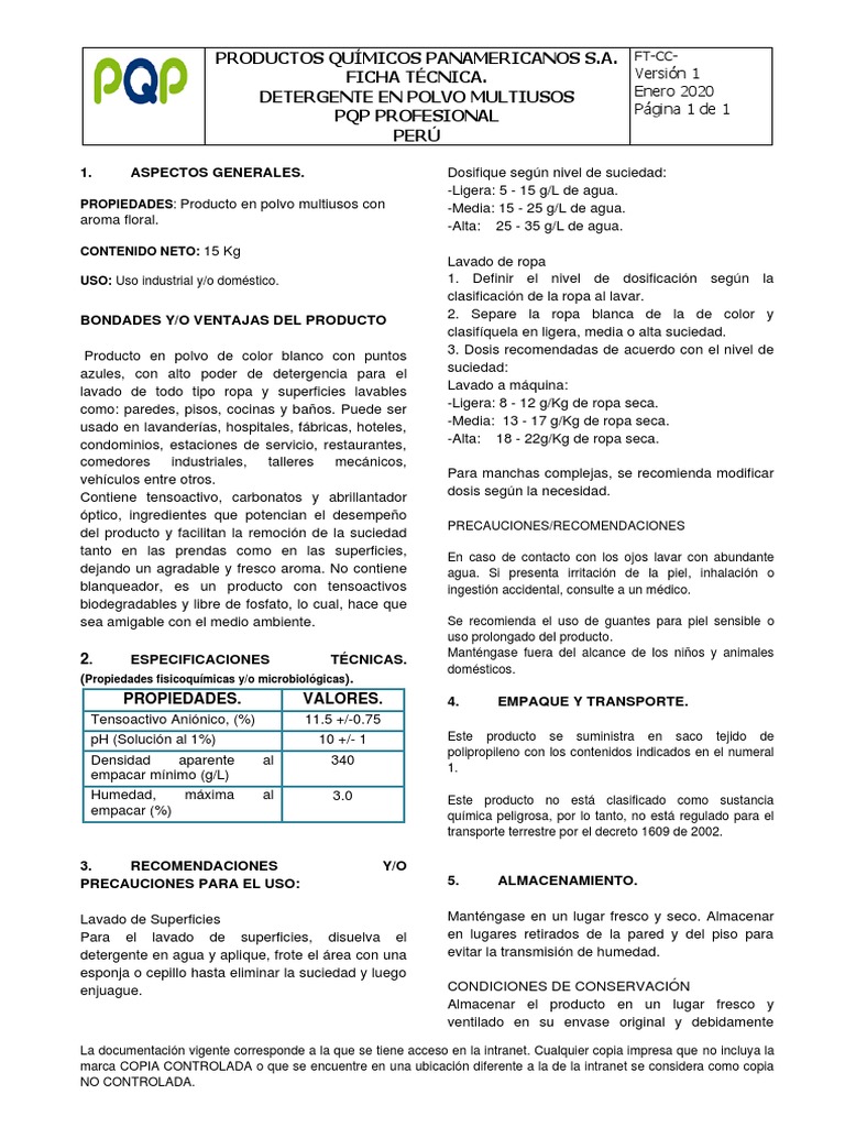 Ficha técnica de detergente en polvo multiusos con especificaciones, instrucciones de uso y ...