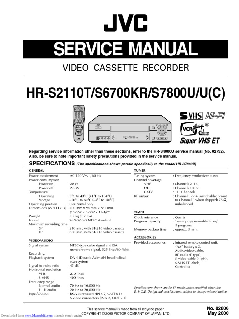 Service Manual: HR-S2110T/S6700KR/S7800U/U (C) | PDF | Videocassette Recorder | Video