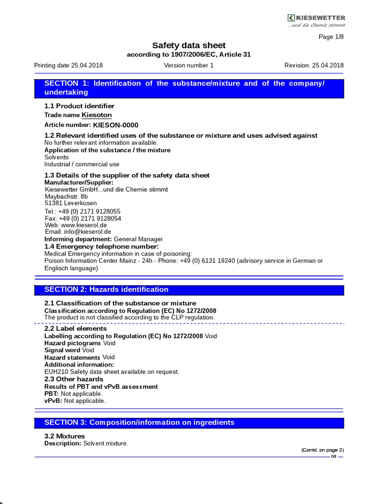 Safety Data Sheet: SECTION 1: Identification of The Substance/mixture and of The Company ...