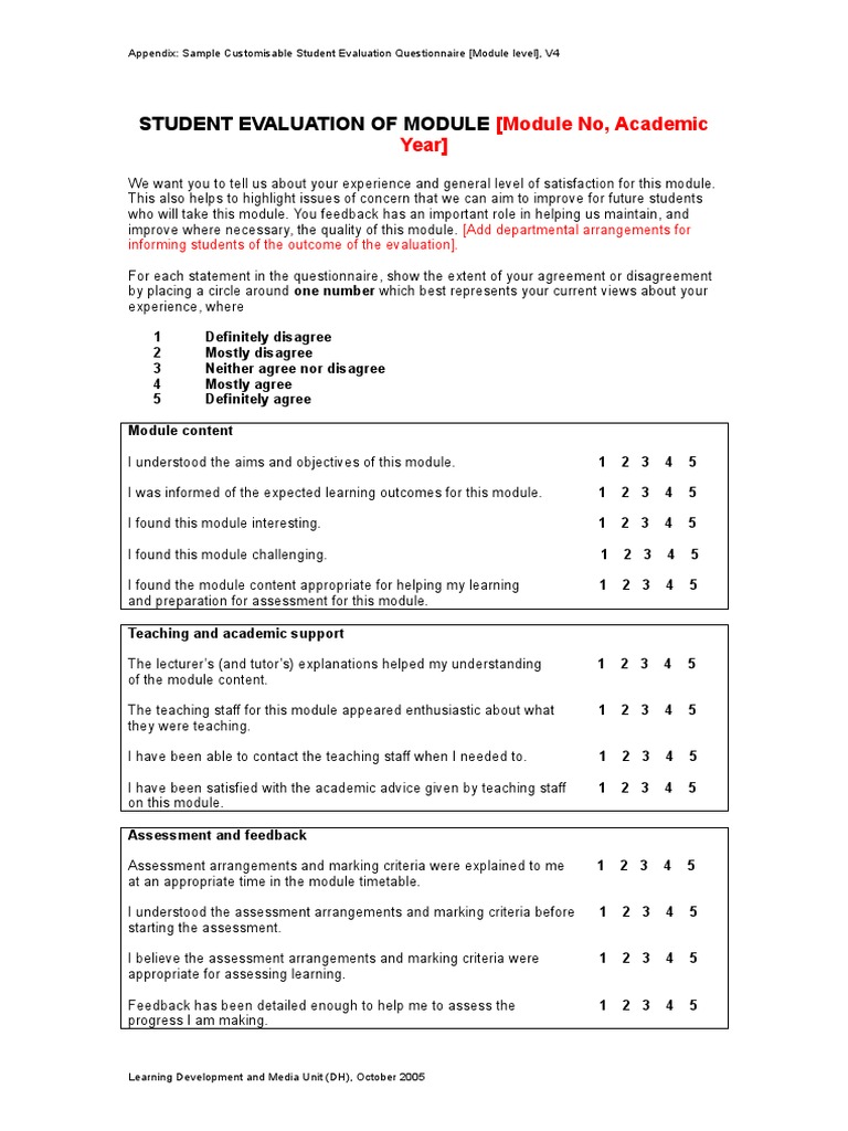 Student Evaluation of Module: (Module No, Academic Year) | PDF ...
