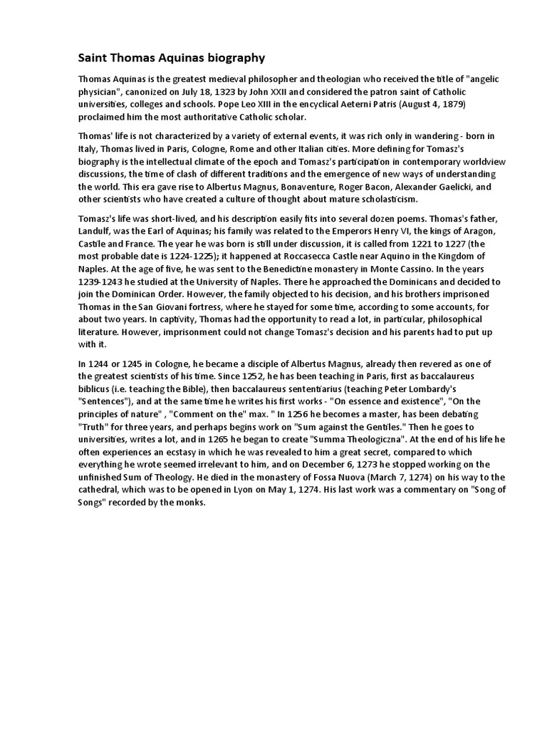 Saint Thomas Aquinas Biography | PDF | Thomas Aquinas | Catholic Church