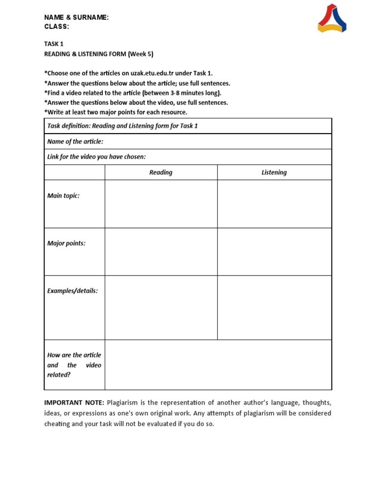 Task 1 Reading and Listening Form | PDF