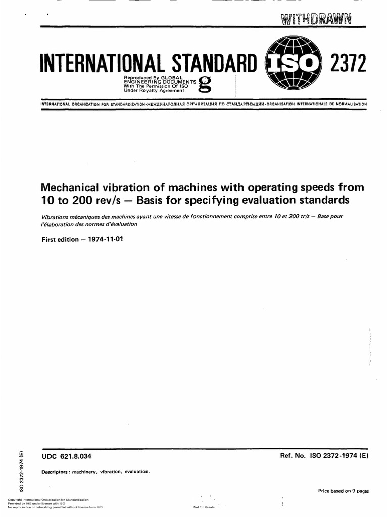 ISO 2372 Mechanical Vi Bration of Machines With Operating Speeds From 10 To 200 Reds - Basis For ...