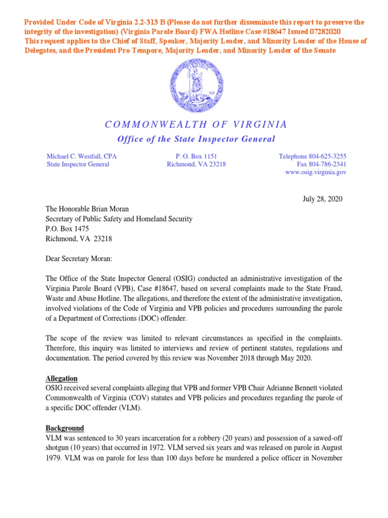 Virginia State Inspector General Report: Virginia Parole Board 07/28/20 ...