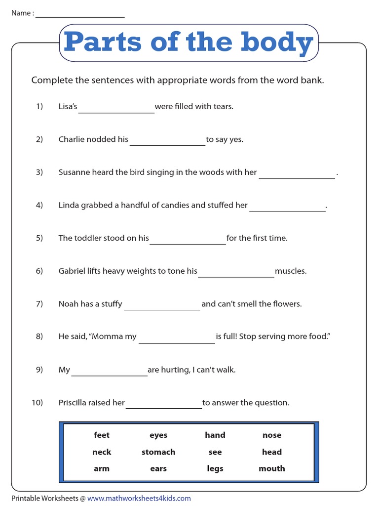 Parts of The Body: Complete The Sentences With Appropriate Words From ...