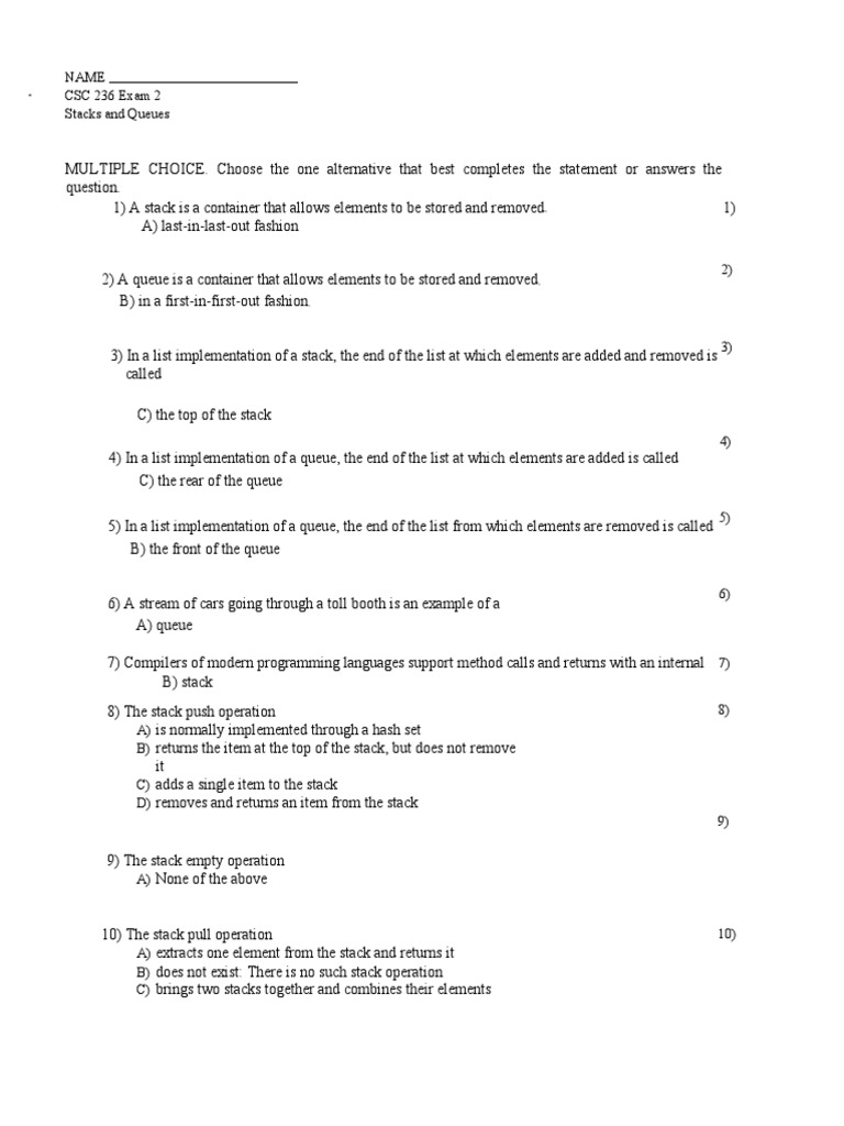 CSC 236 Exam 2 (Stacks Queues) Students Version | PDF | Queue (Abstract ...