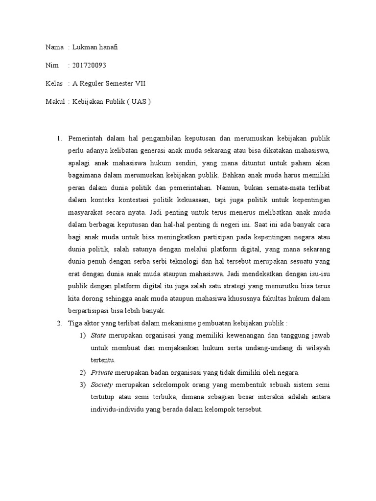 Uas Kebijakan Publik Lukman Hanafi (201720093) | PDF