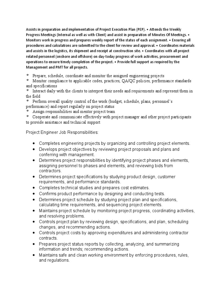 Project Engineer Roles and Responsibilities | PDF | Specification ...