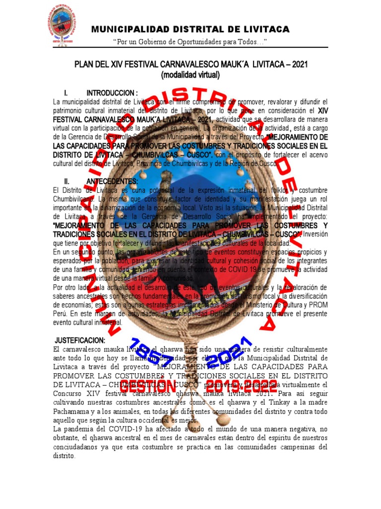 Plan Del Concurso Virtual Festival Carnavales Mauka Livitaca 2021 Oficial | PDF | Carnaval ...