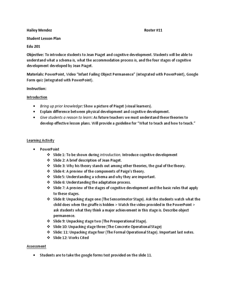 Jean Piaget Lesson Plan | PDF | Cognitive Development | Schema (Psychology)