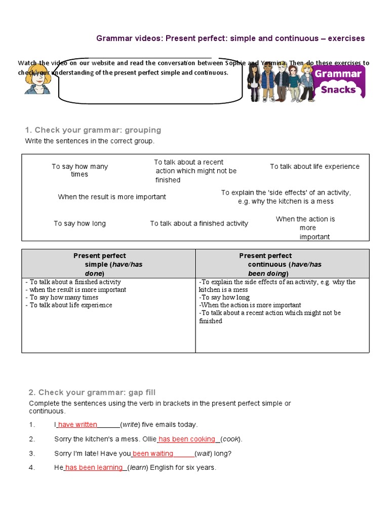 Check Your Grammar: Grouping: Grammar Videos: Present Perfect: Simple and Continuous - Exercises ...