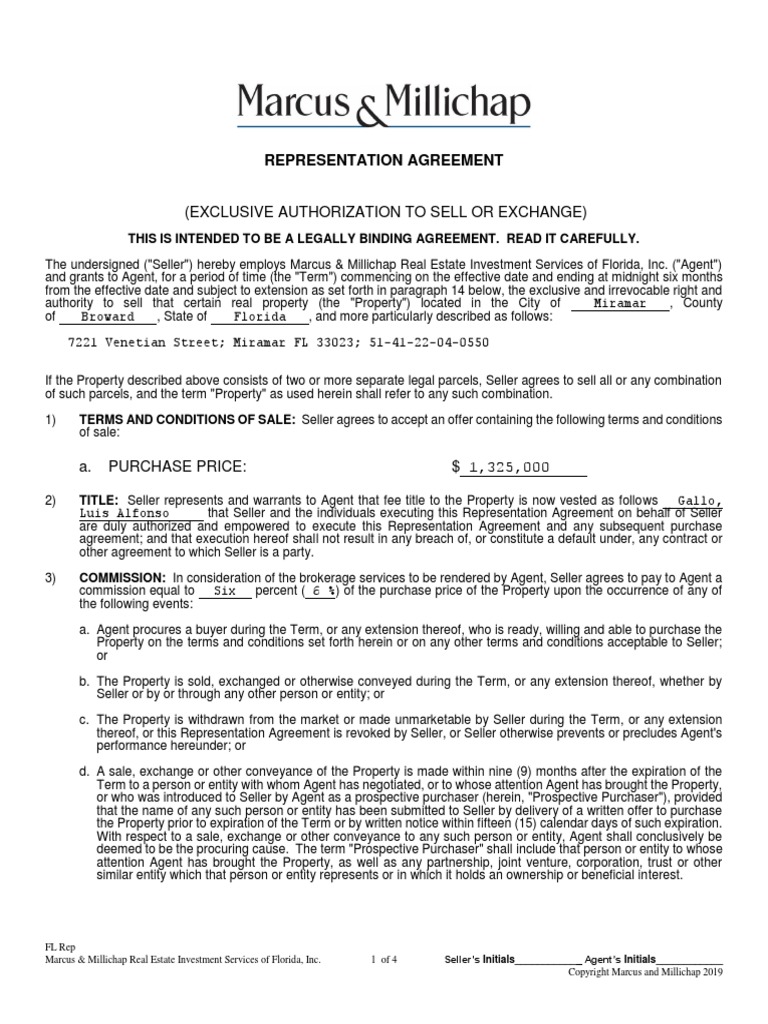 (Exclusive Authorization To Sell or Exchange) : Representation ...