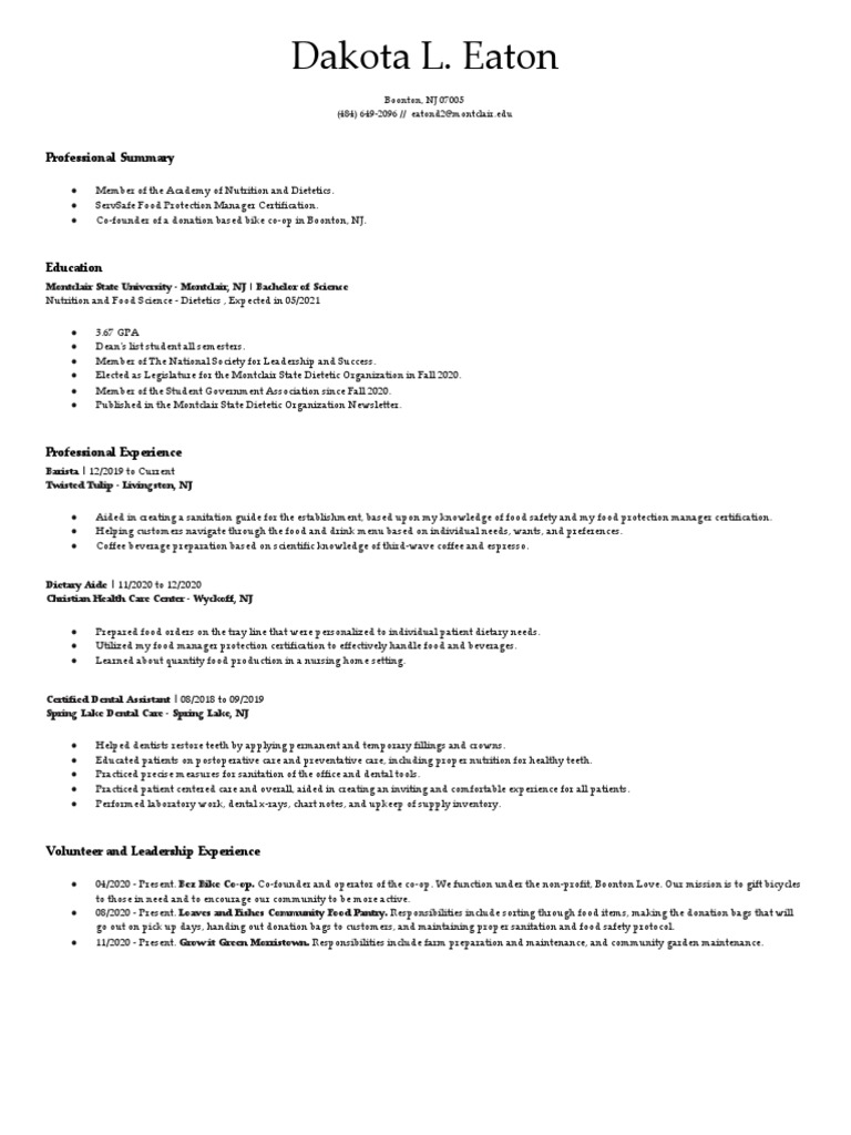 Dakota Eaton Resume | PDF | Dietitian | Foods