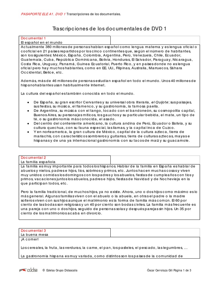 Pasaporte A1 - DVD - Transcripciones PARA LER | PDF | Barcelona | Cocina occidental