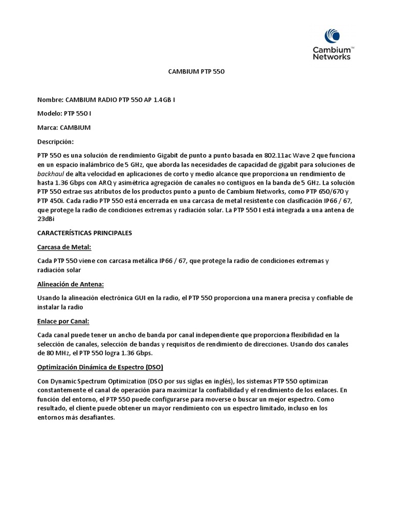 Ficha Tecnica Cambium PTP 550 | PDF | Antena (Radio) | Ieee 802.11