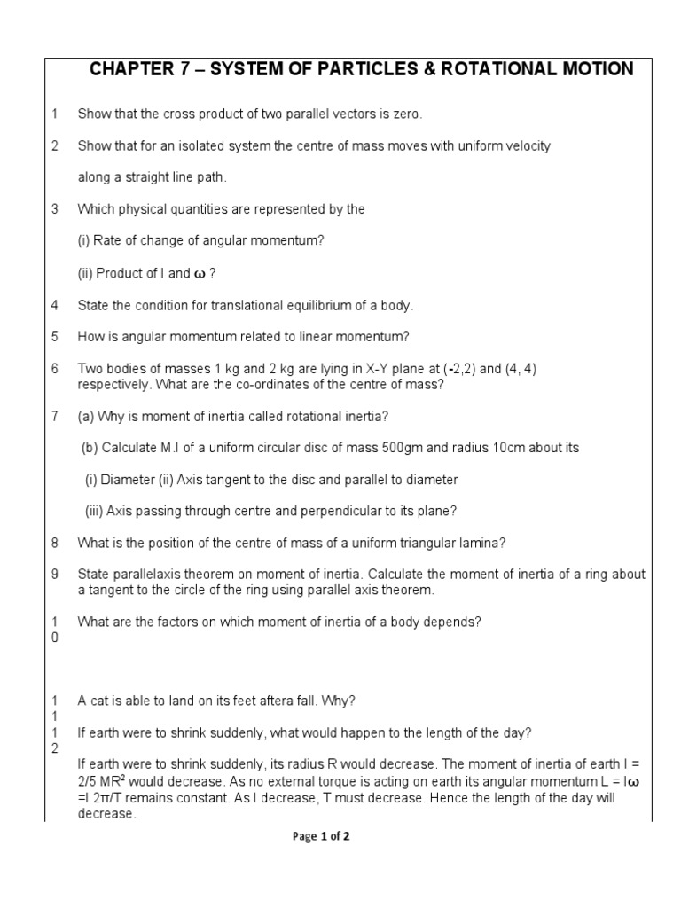 Class 11 Worksheet Chap 7 - Rotational Motion | PDF | Rotation Around A Fixed Axis | Torque
