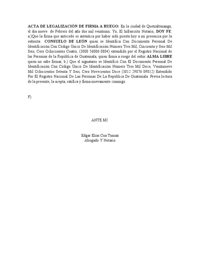 Acta de Legalización de Firma A Ruego | PDF