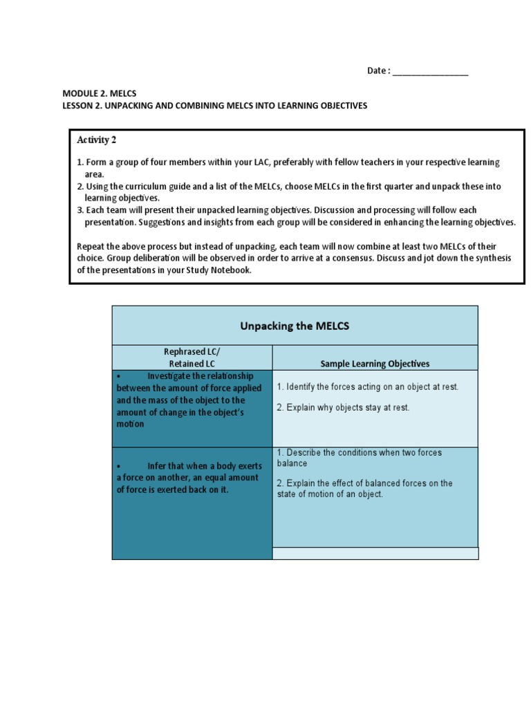 Module 2. Melcs Lesson 2. Unpacking and Combining Melcs Into Learning ...