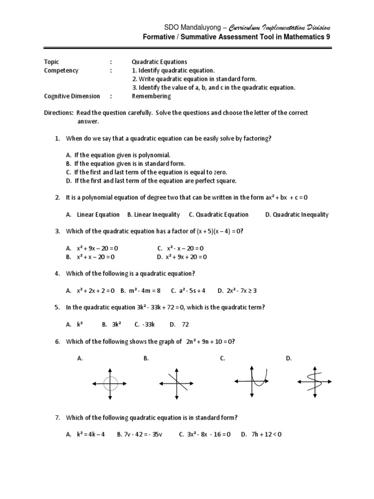 Grade 9 Quadratic Equations Assessment | PDF | Quadratic Equation ...