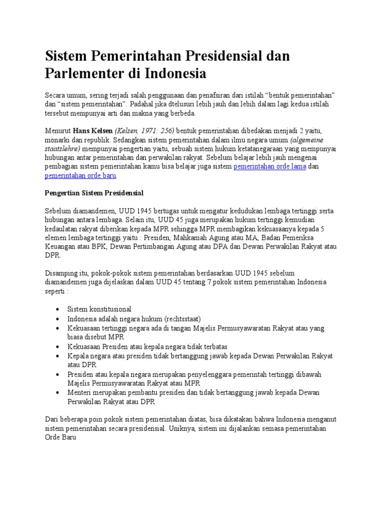 Sistem Pemerintahan Presidensial Dan Parlementer Di Indonesia | PDF