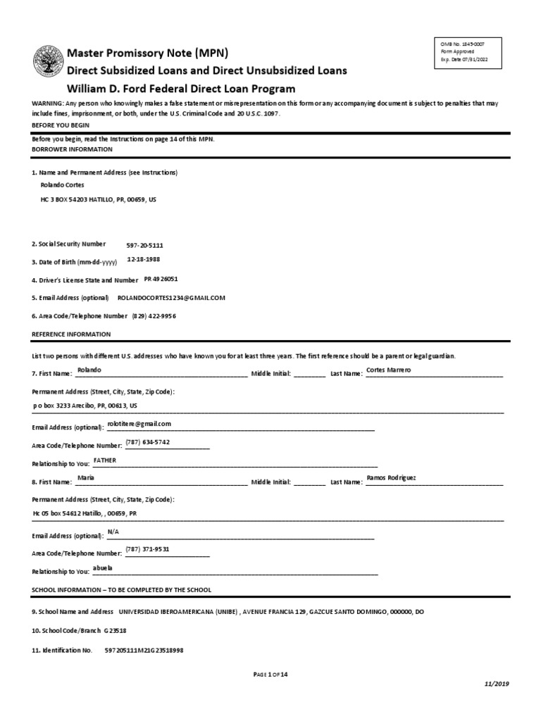 Master Promissory Note (MPN) Direct Subsidized Loans and Direct ...