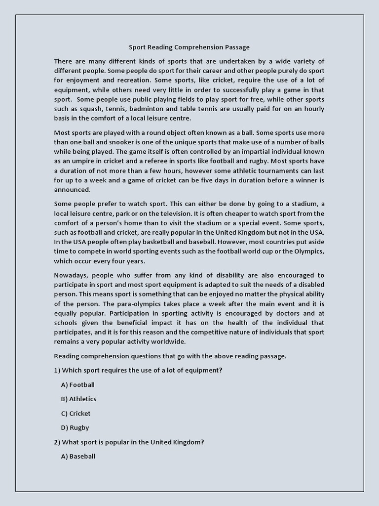 Sport Reading Comprehension Passage | PDF | Cricket | Sports