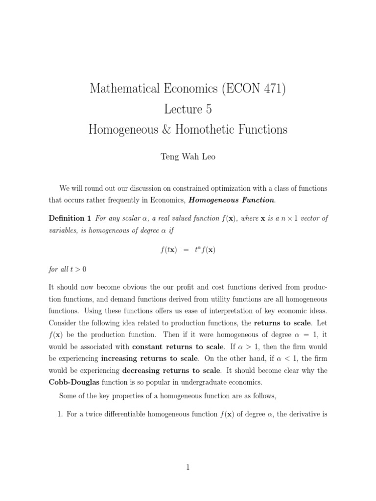 Mathematical Economics (ECON 471) Homogeneous & Homothetic Functions | PDF | Monotonic Function ...