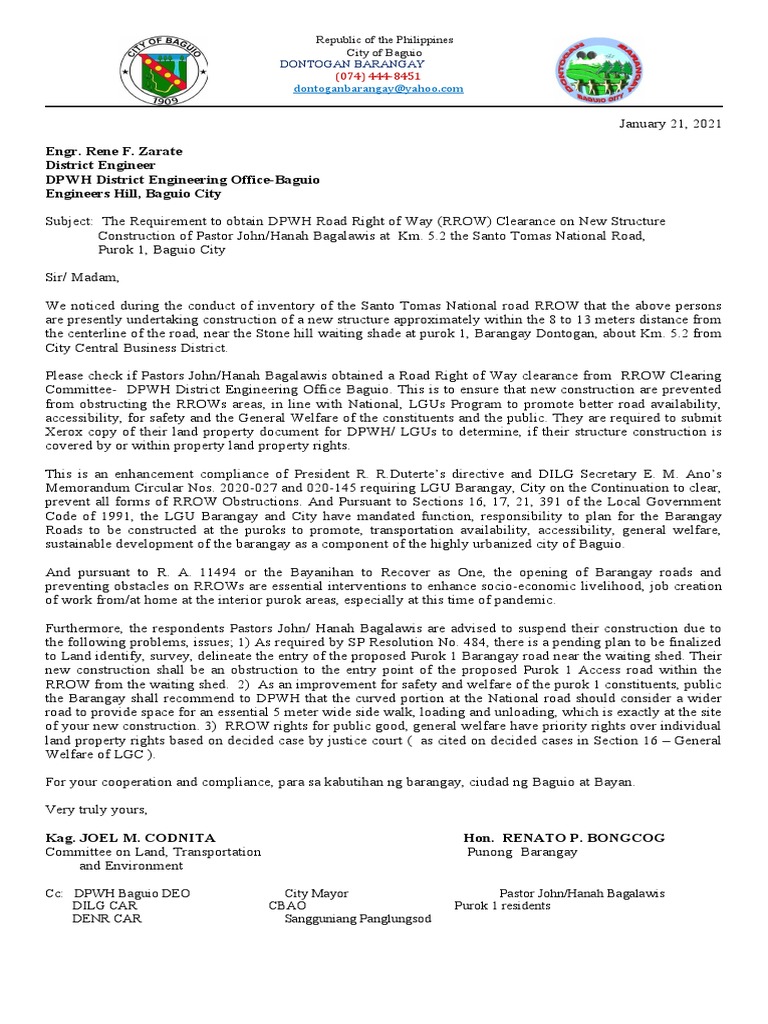 Engr. Rene F. Zarate District Engineer DPWH District Engineering Office ...