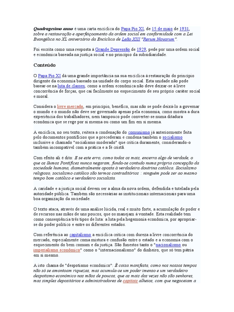 Quadragesimo Anno É Uma Carta Encíclica Do Papa Pio XI | PDF | Papa ...