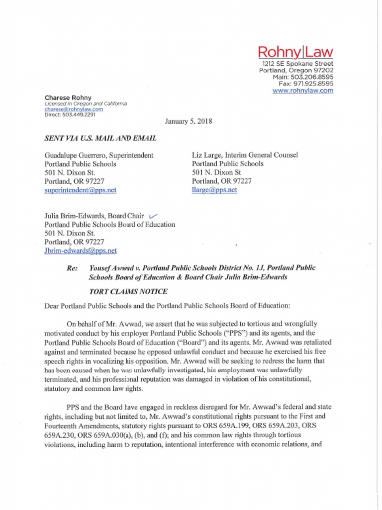 Letter To PPS: Tort Notice For Yousef Awwad | PDF