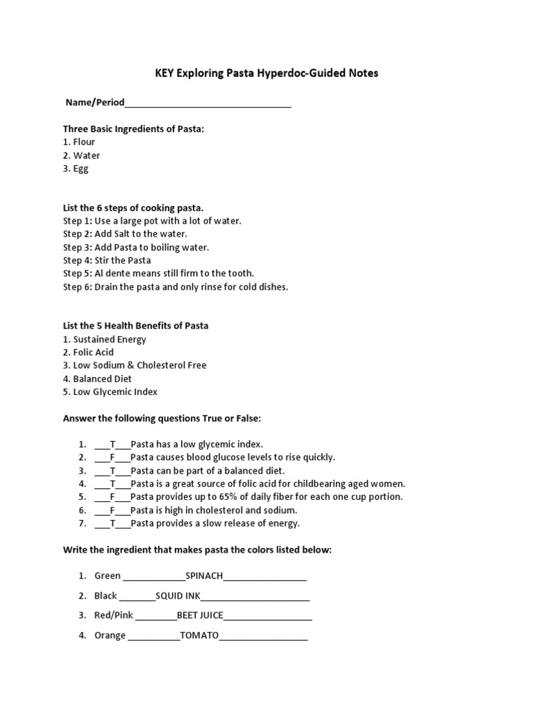 KEY Exploring Pasta Hyperdoc-Guided Notes | PDF