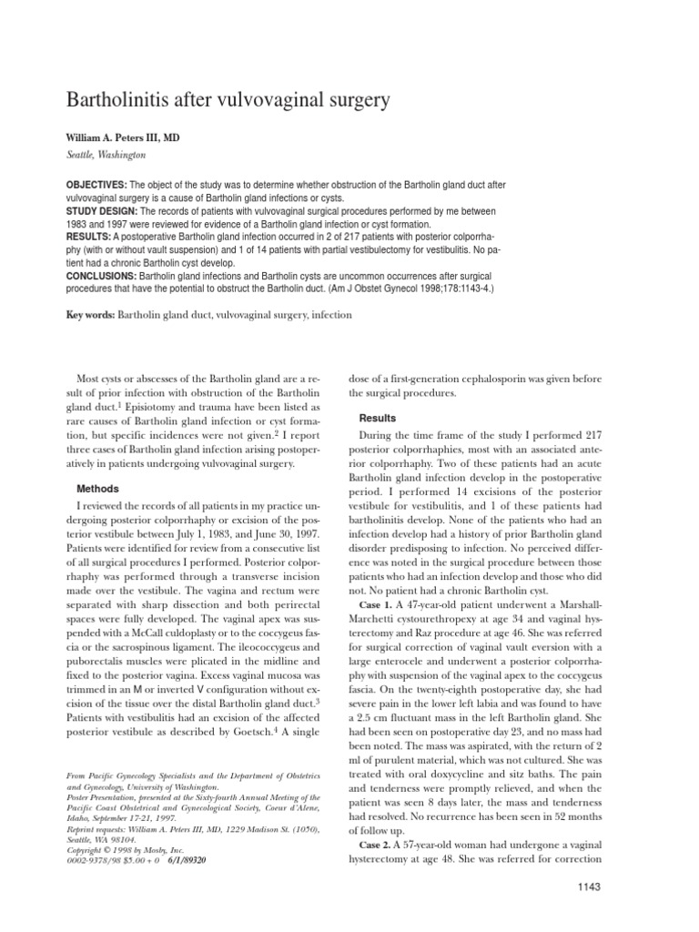 Bartholinitis After Vulvovaginal Surgery: William A. Peters III, MD | PDF | Vagina | Surgery