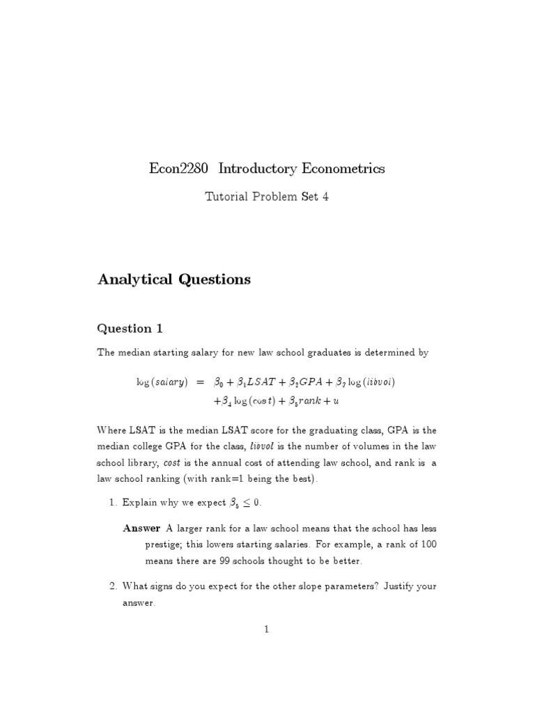 Econ2280 Introductory Econometrics: Tutorial Problem Set 4 | PDF | Ordinary Least Squares ...