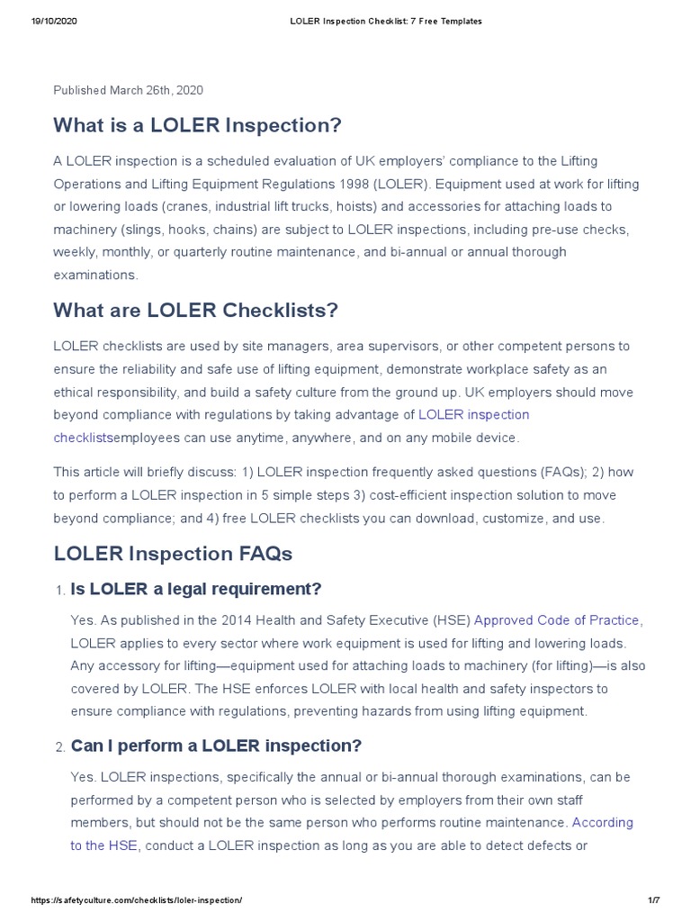 LOLER Inspection Checklist Templates | PDF | Safety | Science