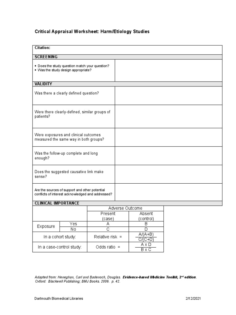 Critical Appraisal Worksheet: Harm/Etiology Studies: Citation ...