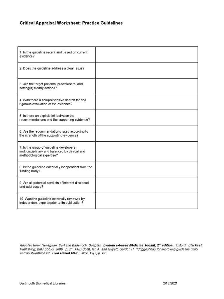 Critical Appraisal Worksheet: Practice Guidelines: Edition. Oxford ...