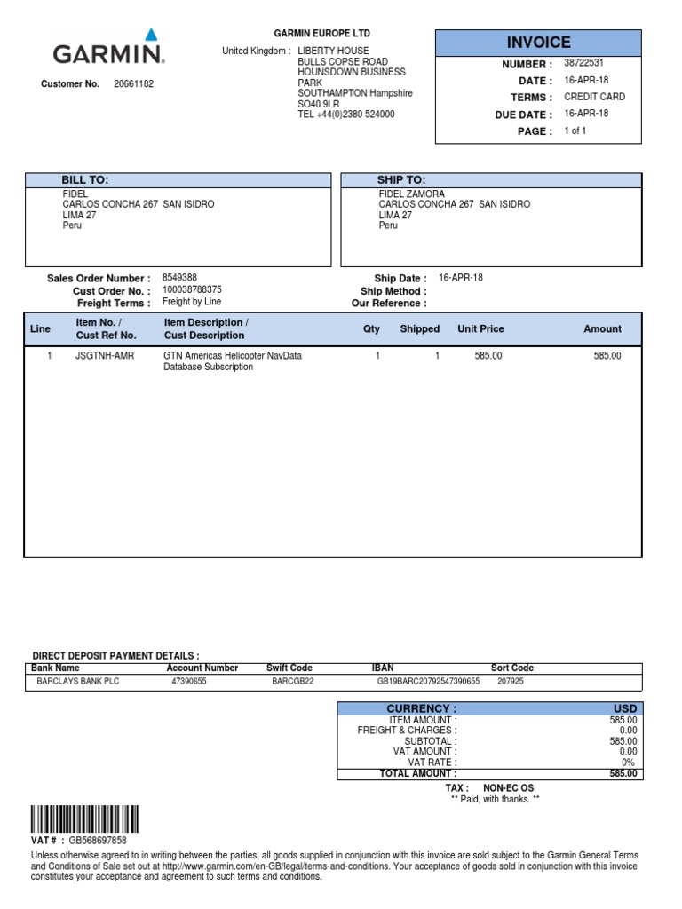 Invoice for GTN Americas Helicopter NavData Database Subscription | PDF ...