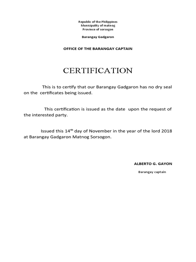 Lack of a Dry Seal: A Certification from Barangay Gadgaron | PDF