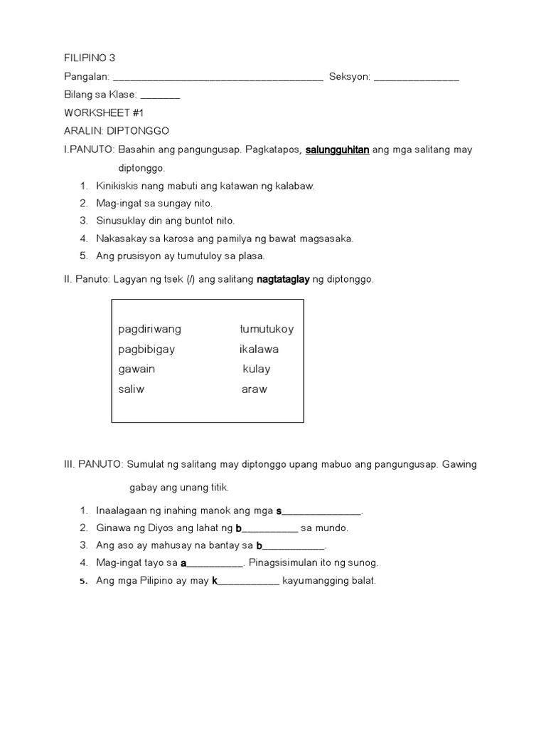 FILIPINO 3worksheet 1 | PDF