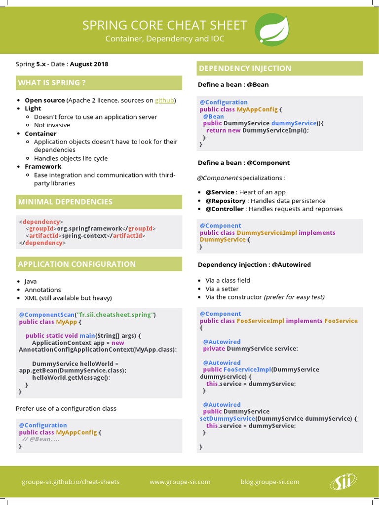 Spring Core Cheat Sheet Container Dependency And Ioc Pdf Software