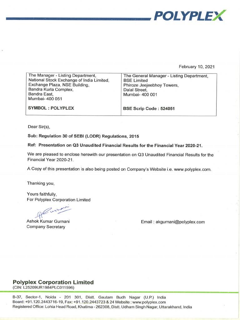 Polyplex's Q3 FY 20-21 Financials | PDF | Yield (Finance) | Dividend