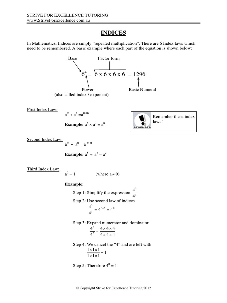 INDICES Cheat Sheet | PDF | Exponentiation | Numbers